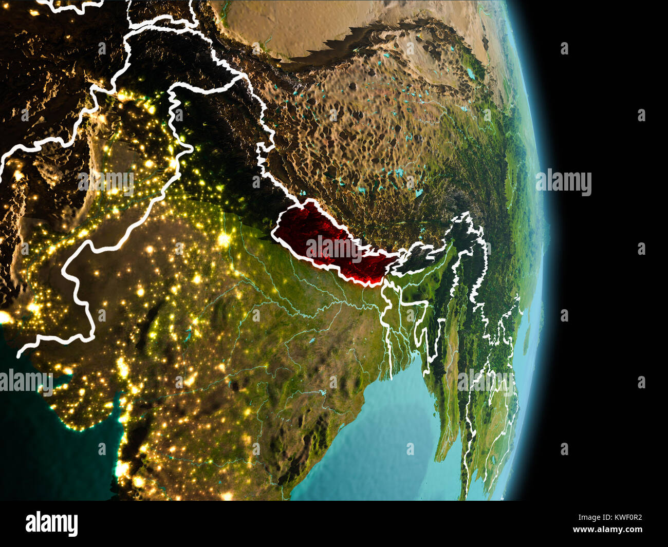 Satellite morning view of Nepal highlighted in red on planet Earth with ...