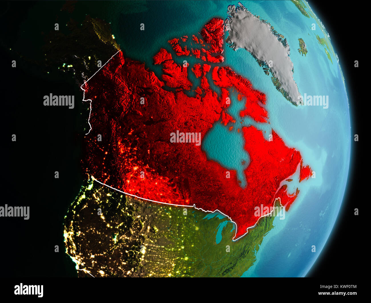 Satellite morning view of Canada highlighted in red on planet Earth ...