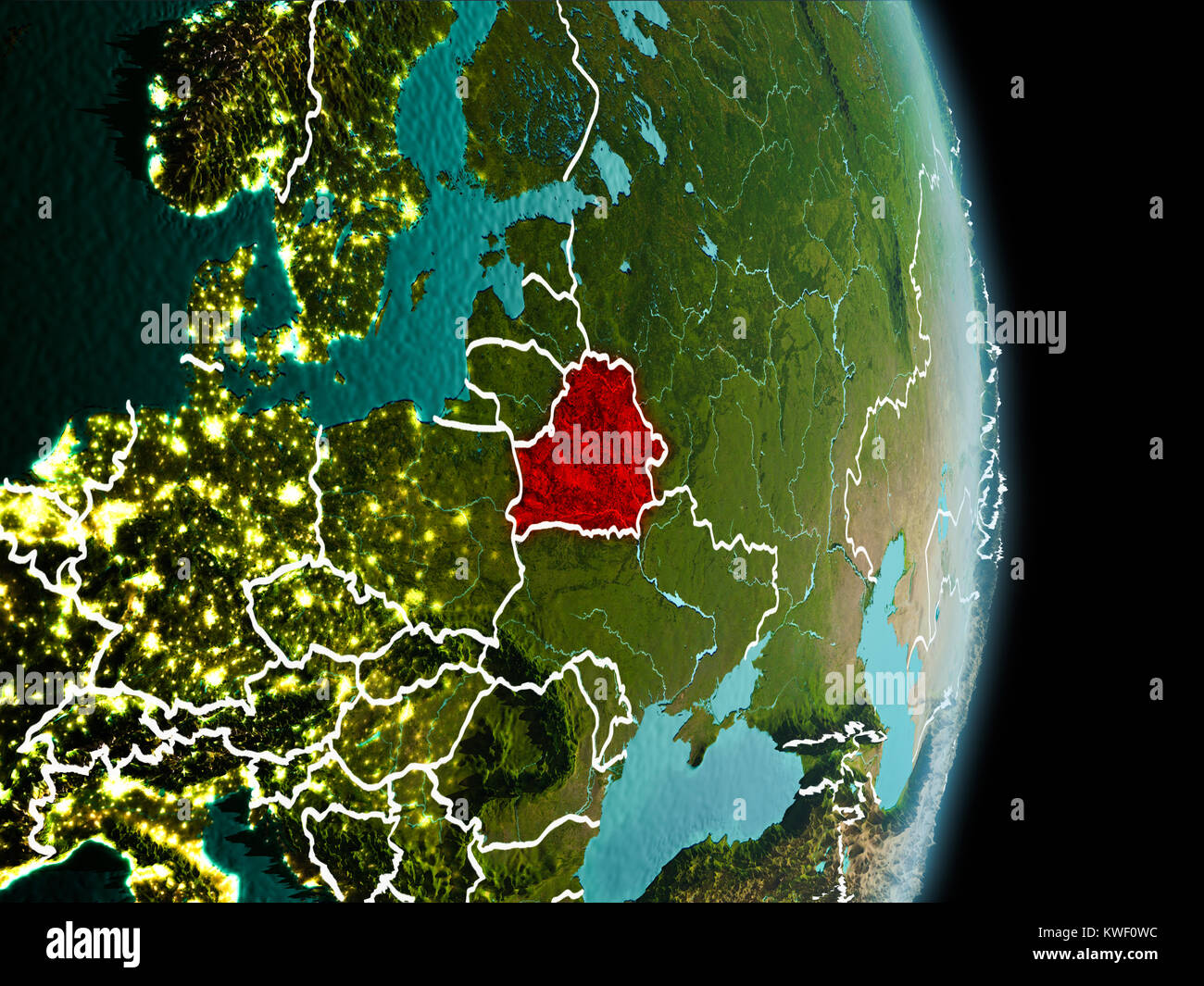 Satellite morning view of Belarus highlighted in red on planet Earth ...