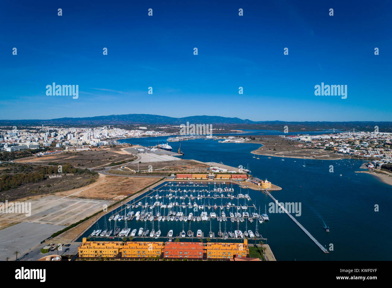 Aerial view of the city of Portimao, in Algarve, with the Marina in the ...