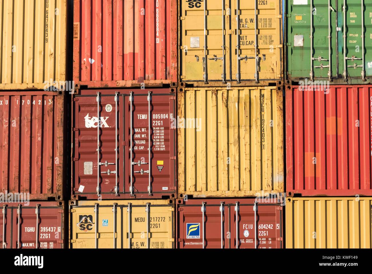 Kristiansand, Norway, November 5, 2017: Stack of containers in yellow ...