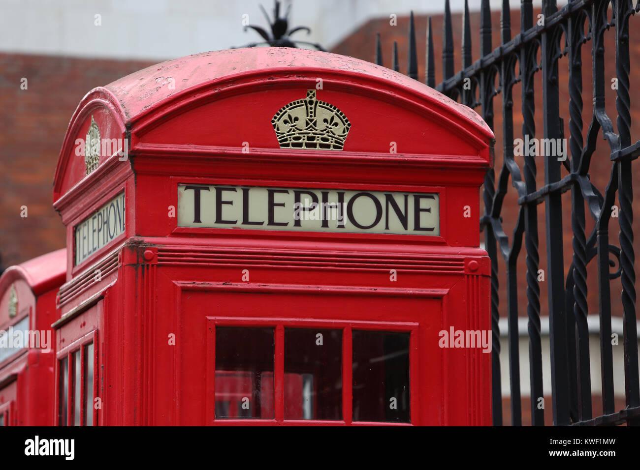 Classic old red telephone boxes pictured on a street in London, UK ...