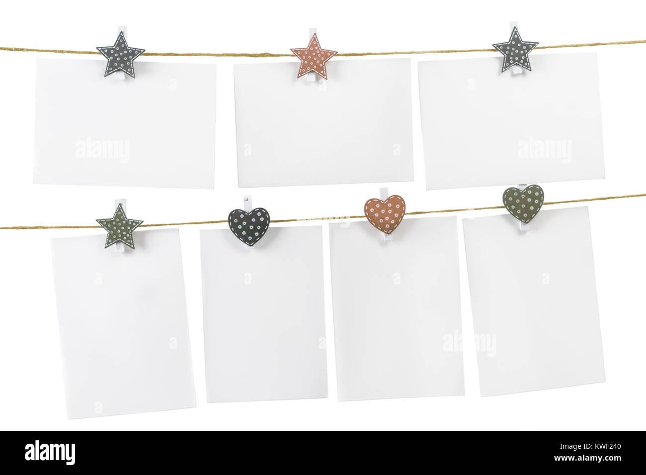 Blank cards pinned on the rope on white background, copy space Stock ...