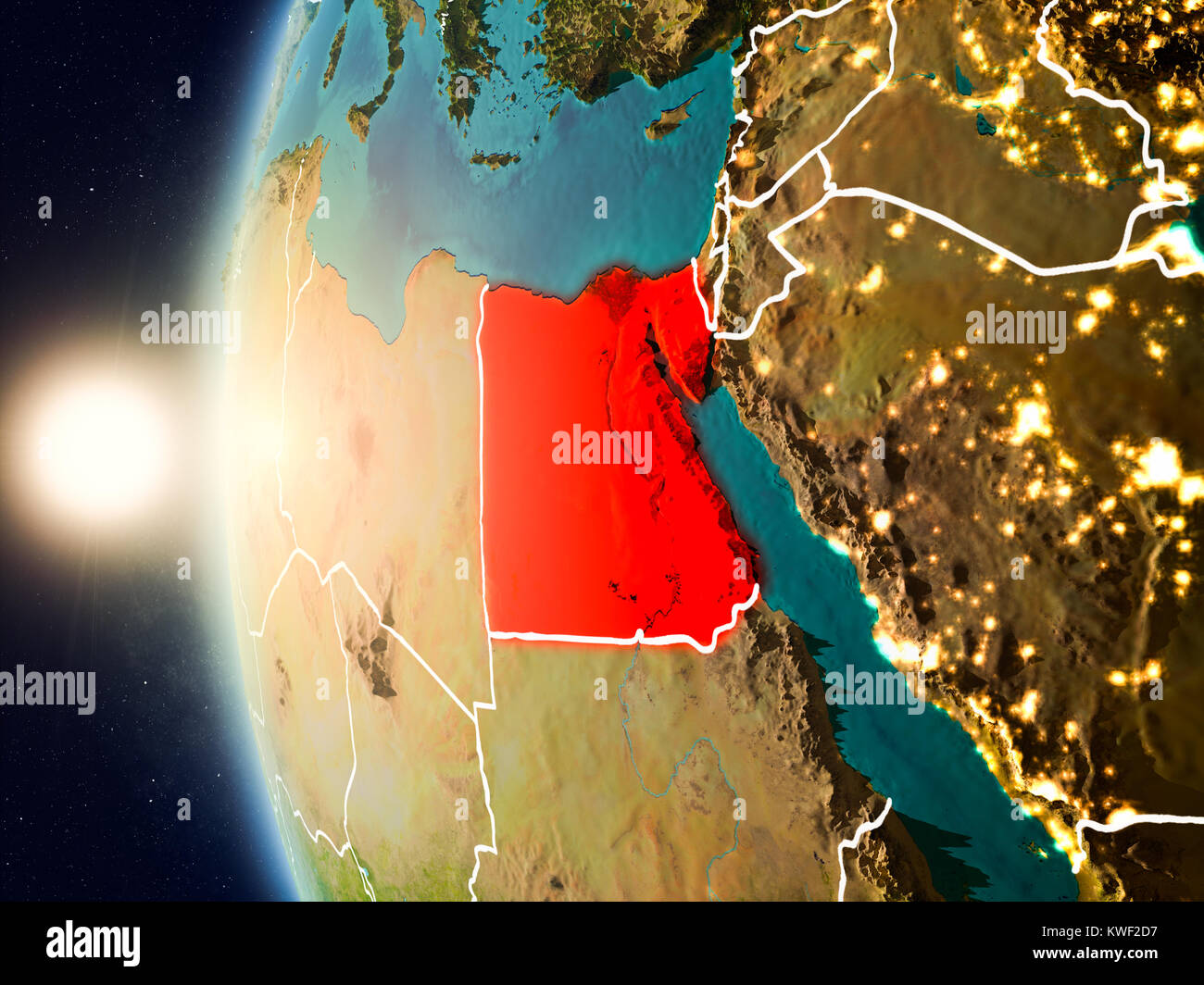 Illustration of Egypt as seen from Earth’s orbit during sunset with ...