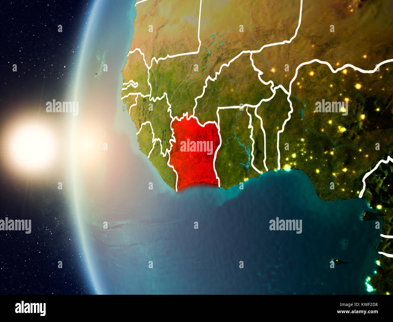 Illustration of Ivory Coast as seen from Earth’s orbit during sunset ...