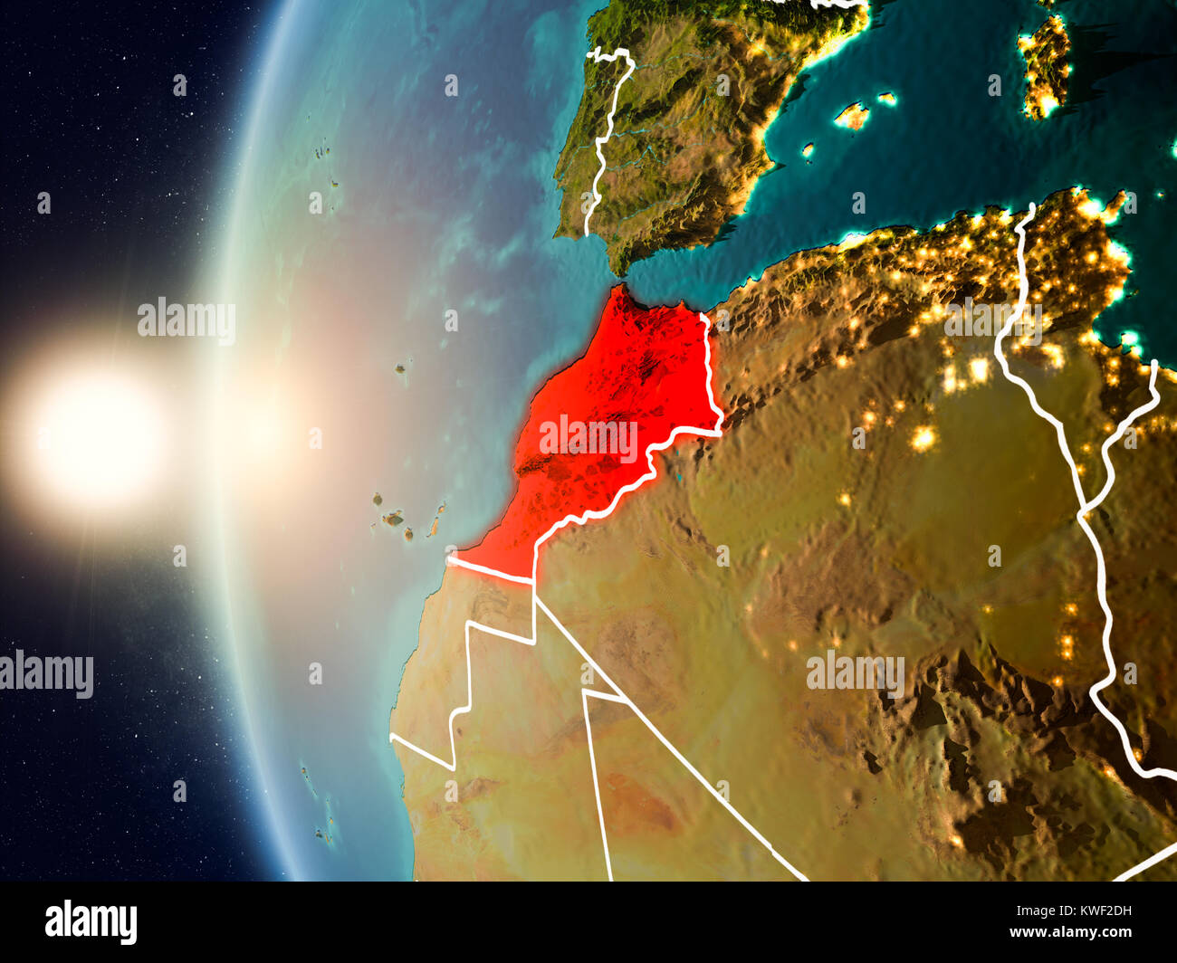 Illustration of Morocco as seen from Earth’s orbit during sunset with ...