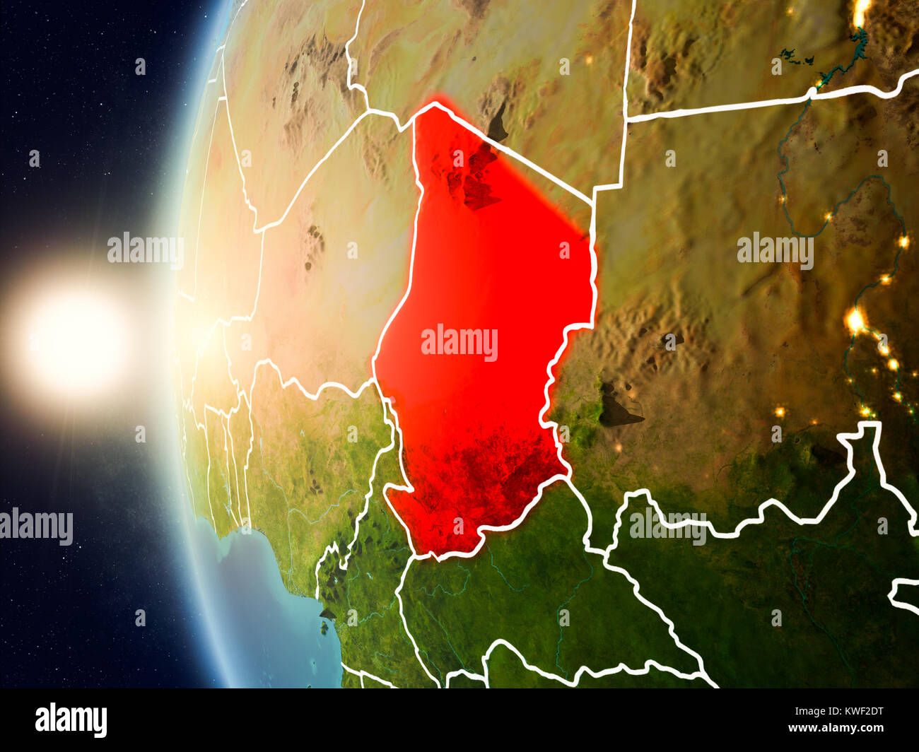 Illustration of Chad as seen from Earth’s orbit during sunset with ...