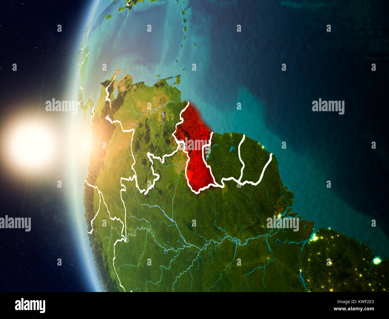 Illustration of Guyana as seen from Earth’s orbit during sunset with ...