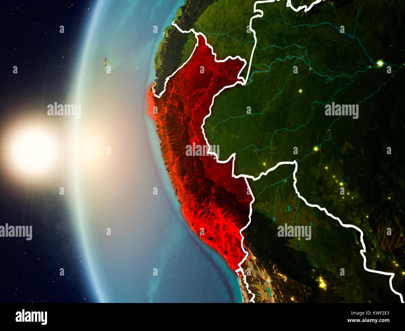 Illustration of Peru as seen from Earth’s orbit during sunset with ...