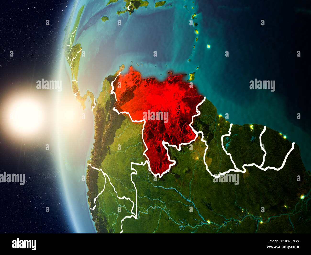 Illustration of Venezuela as seen from Earth’s orbit during sunset with ...