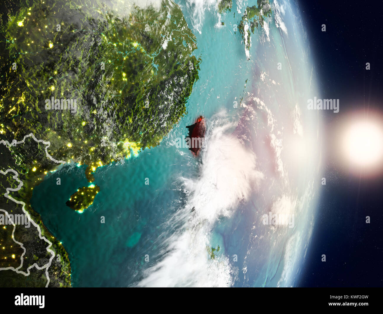 Taiwan during sunrise highlighted in red on planet Earth with visible ...