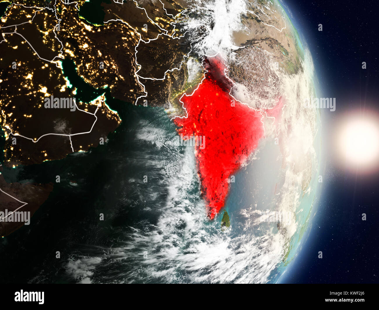 India during sunrise highlighted in red on planet Earth with visible ...