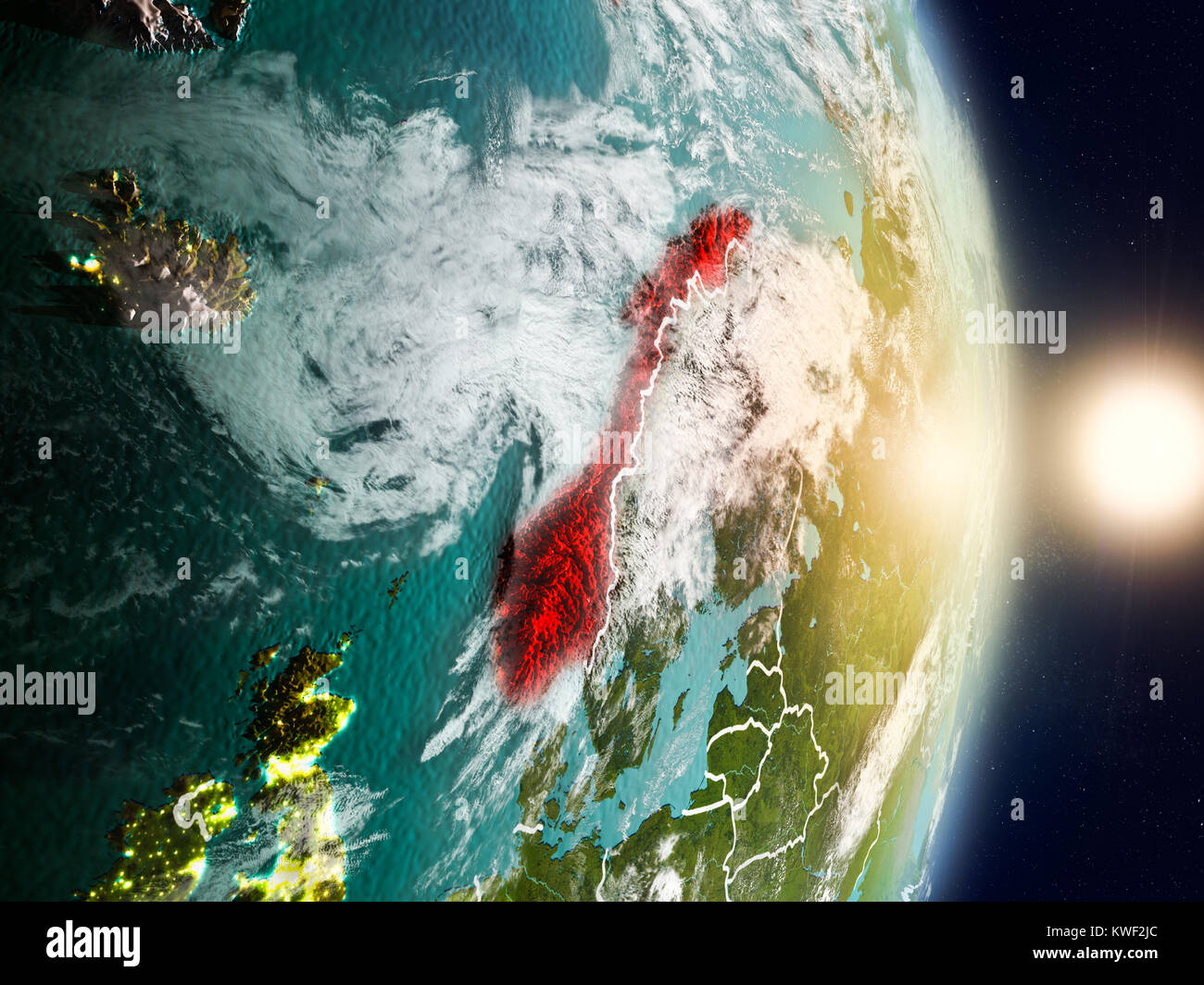 Norway during sunrise highlighted in red on planet Earth with visible ...