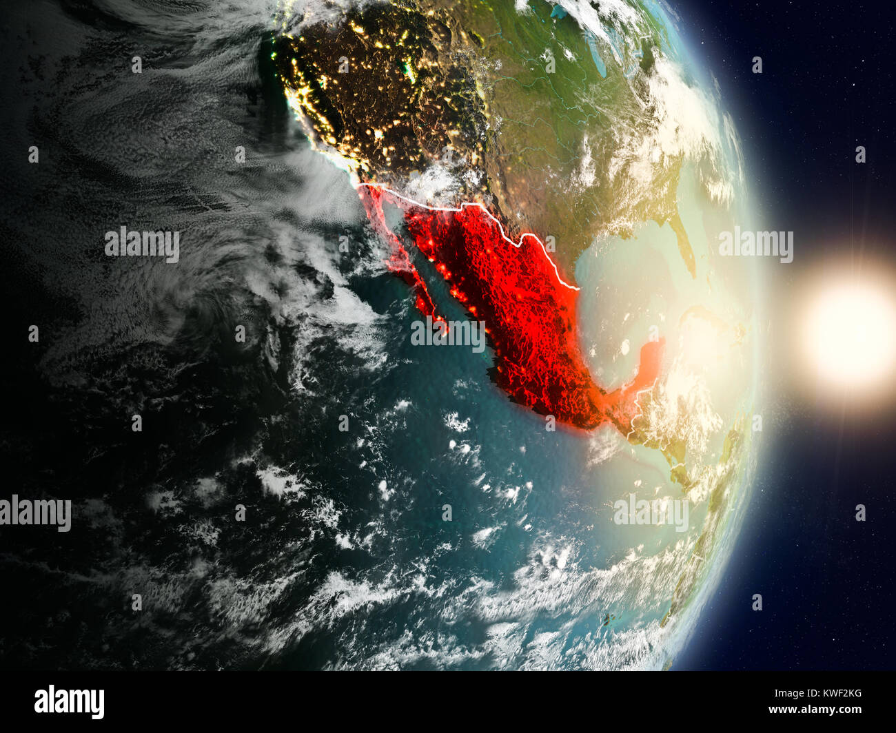 Mexico during sunrise highlighted in red on planet Earth with visible ...