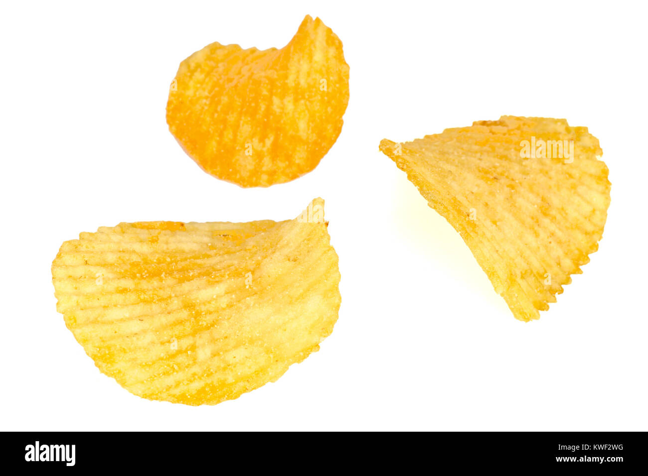 Three Crisp yellow potato chips isolated on white Stock Photo - Alamy