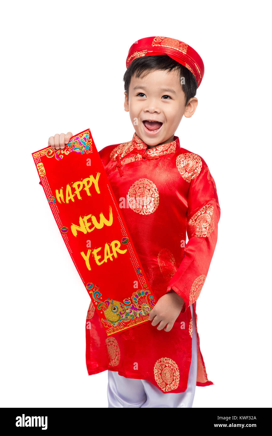 Vietnamese Boy Kid congratulating with his New Year. Happy Lunar New ...