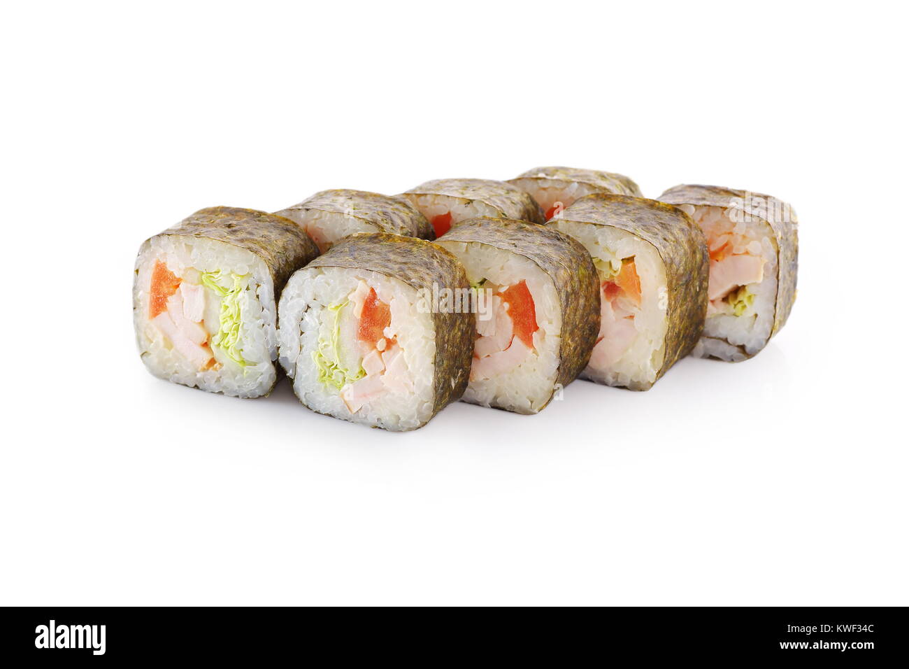 Sushi Caesar with tomato, Chinese cabbage, smoked chicken, nori on a ...
