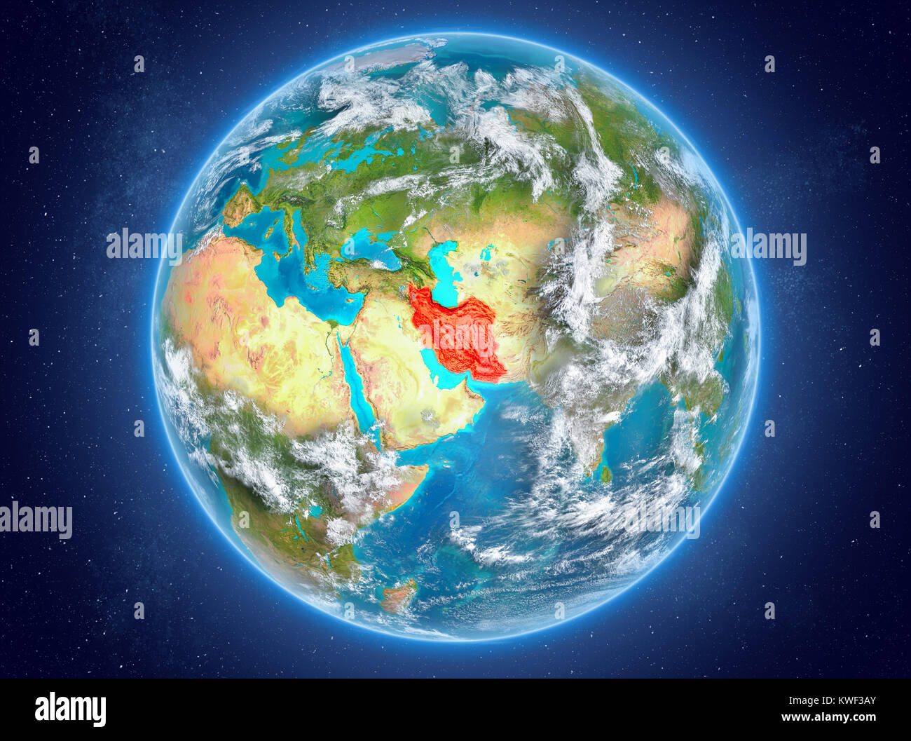 Iran in red on model of planet Earth with clouds and atmosphere in ...