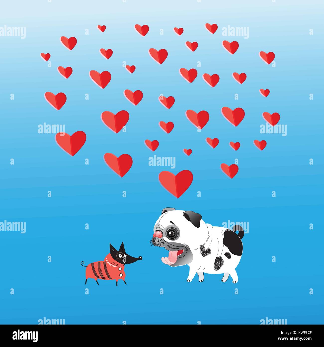 Greeting card with loving dogs on a blue background with hearts Stock ...