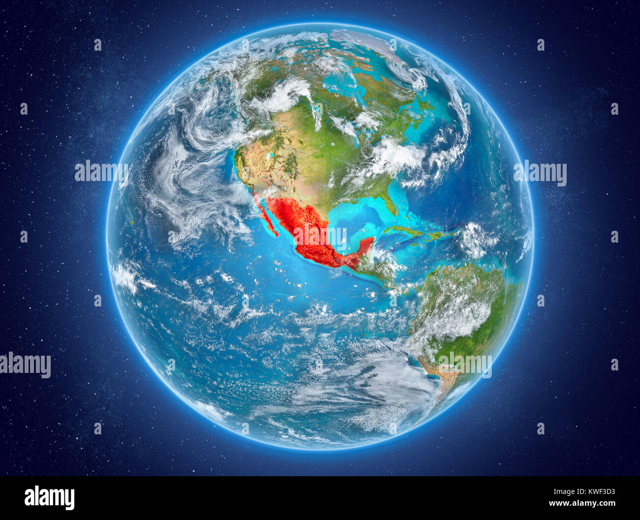 Mexico in red on model of planet Earth with clouds and atmosphere in ...