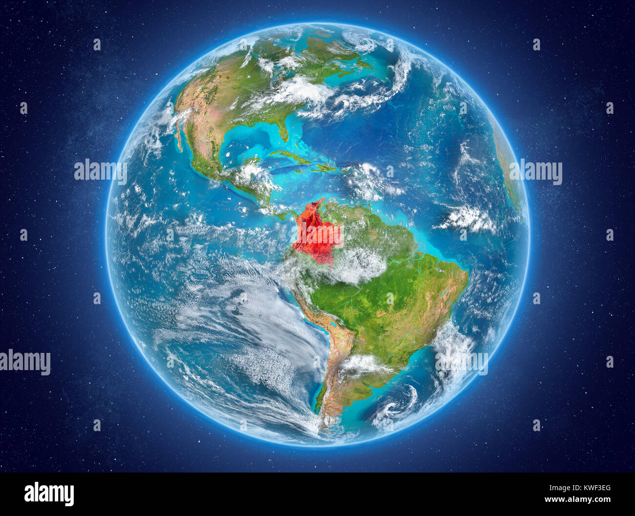 Colombia in red on model of planet Earth with clouds and atmosphere in ...