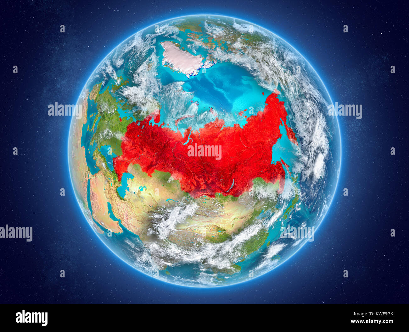 Russia in red on model of planet Earth with clouds and atmosphere in ...