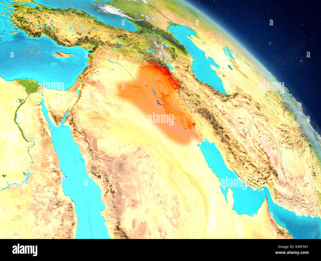 Illustration of Iraq as seen from Earth’s orbit. 3D illustration ...