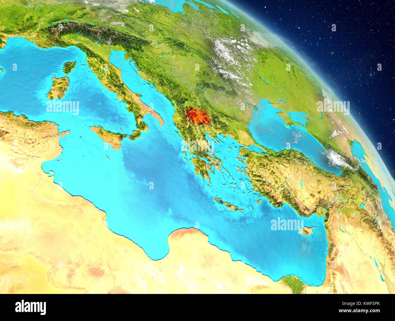 Illustration of Macedonia as seen from Earth’s orbit. 3D illustration ...