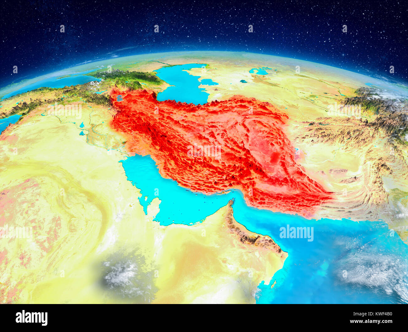 Orbit view of Iran highlighted in red on planet Earth with highly ...