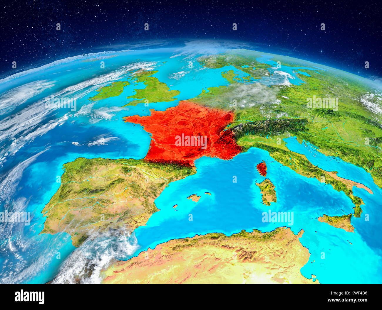 Orbit view of France highlighted in red on planet Earth with highly ...