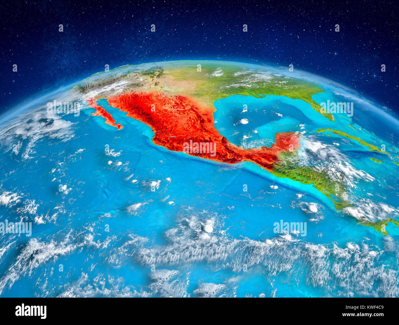 Orbit view of Mexico highlighted in red on planet Earth with highly ...