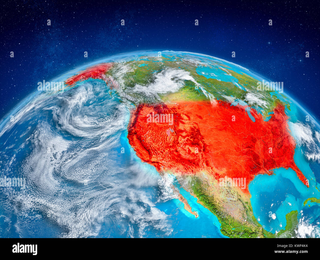 Orbit view of USA highlighted in red on planet Earth with highly ...