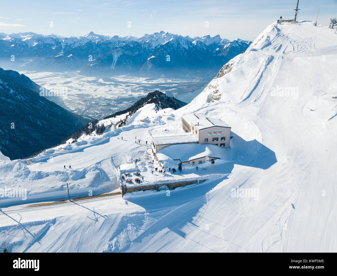 A drone image of Rochers de Naye in the Swiss Alps, overlooking Lake ...