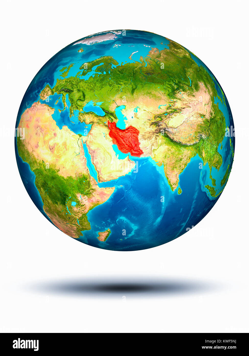 Iran in red on model of planet Earth hovering in space. 3D illustration ...