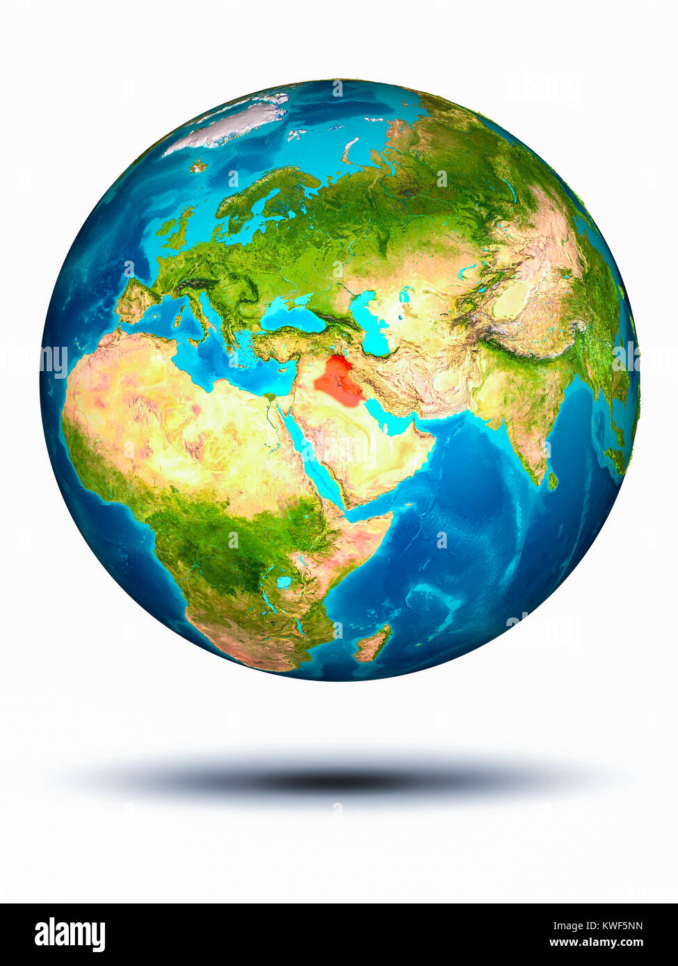 Iraq in red on model of planet Earth hovering in space. 3D illustration ...