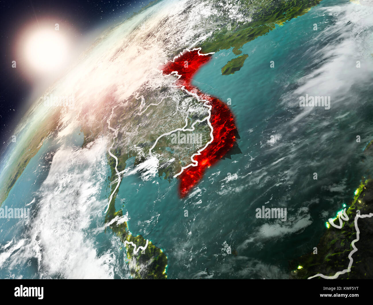 Vietnam during sunset highlighted in red on planet Earth with clouds and visible country borders ...
