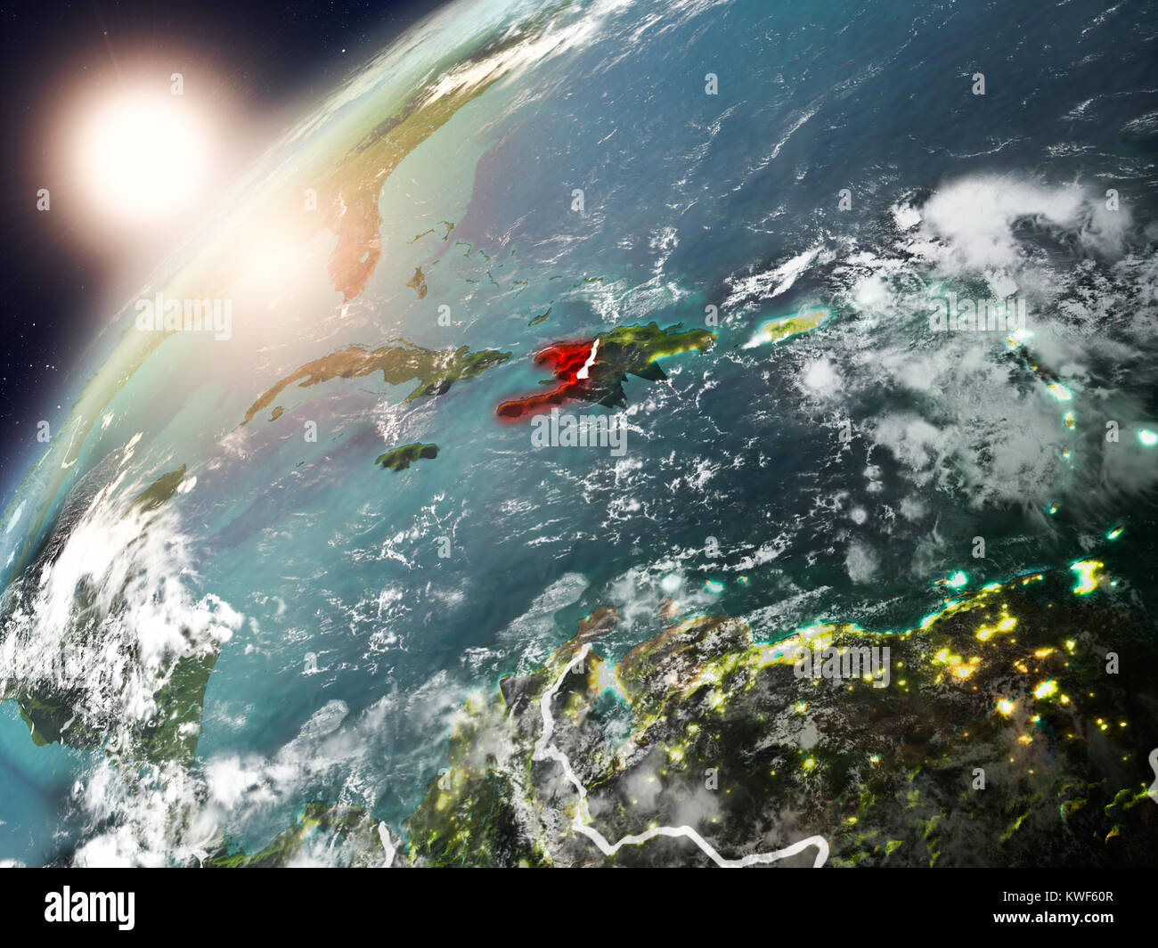 Haiti during sunset highlighted in red on planet Earth with clouds and visible country borders ...