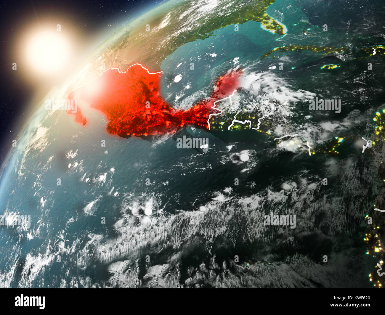 Mexico during sunset highlighted in red on planet Earth with clouds and visible country borders ...