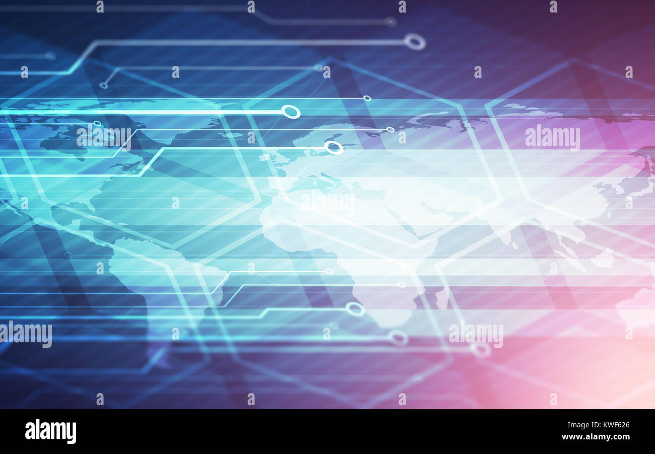 World map technology chip blue background with inclined stripes and ...