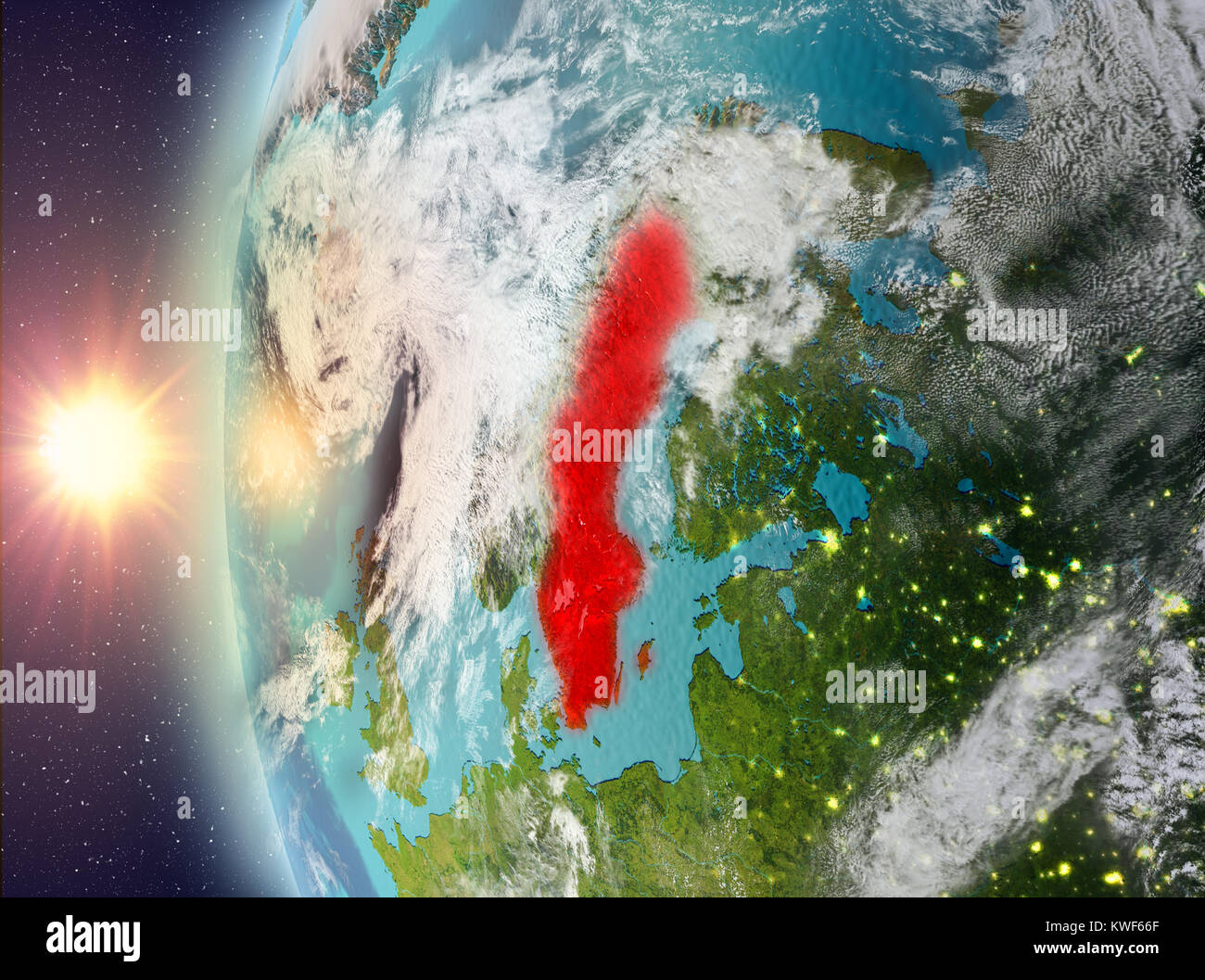 Sweden as seen from space on planet Earth during sunset. 3D ...