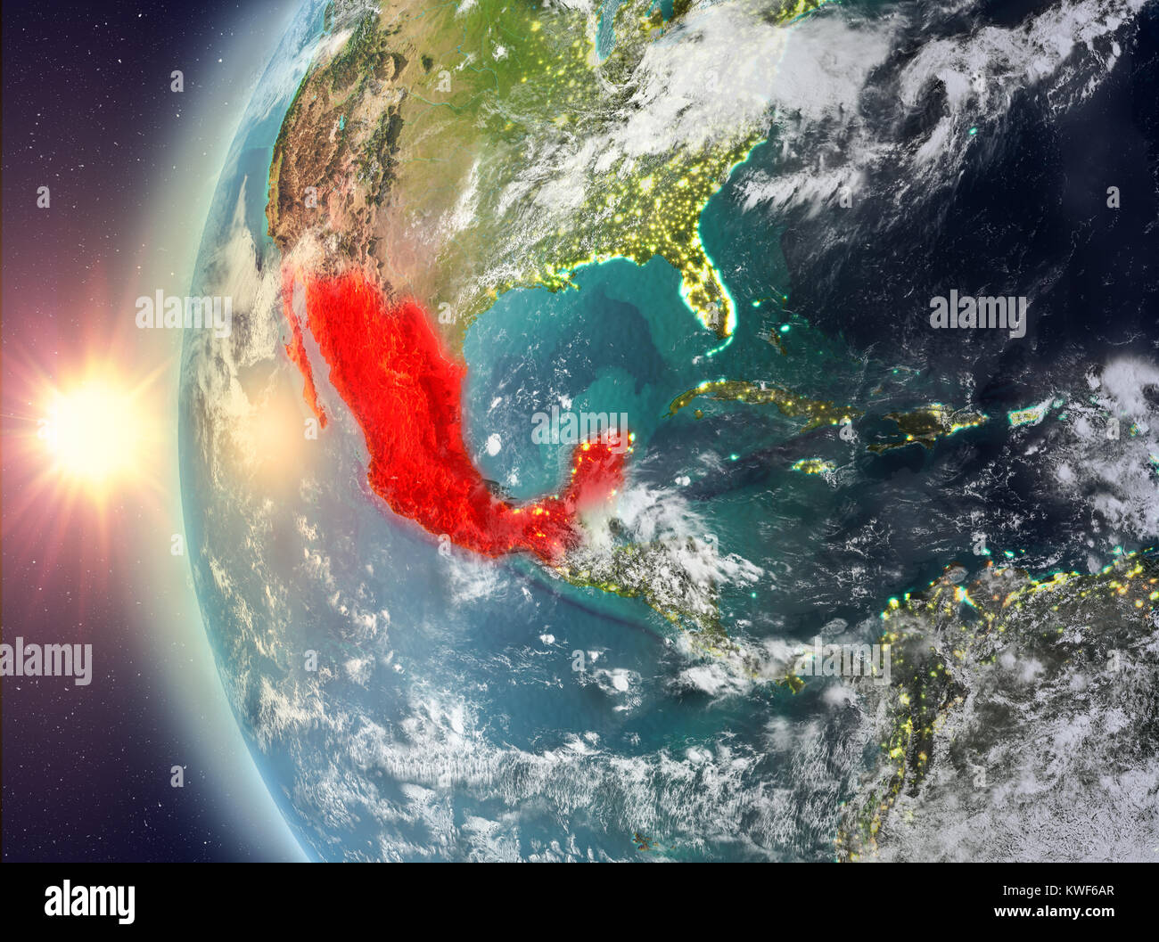 Mexico as seen from space on planet Earth during sunset. 3D ...