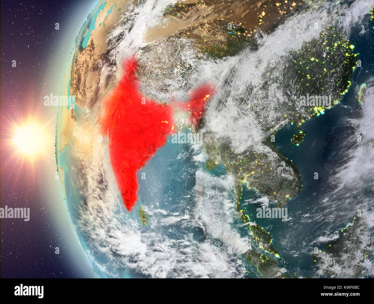 India as seen from space on planet Earth during sunset. 3D illustration ...