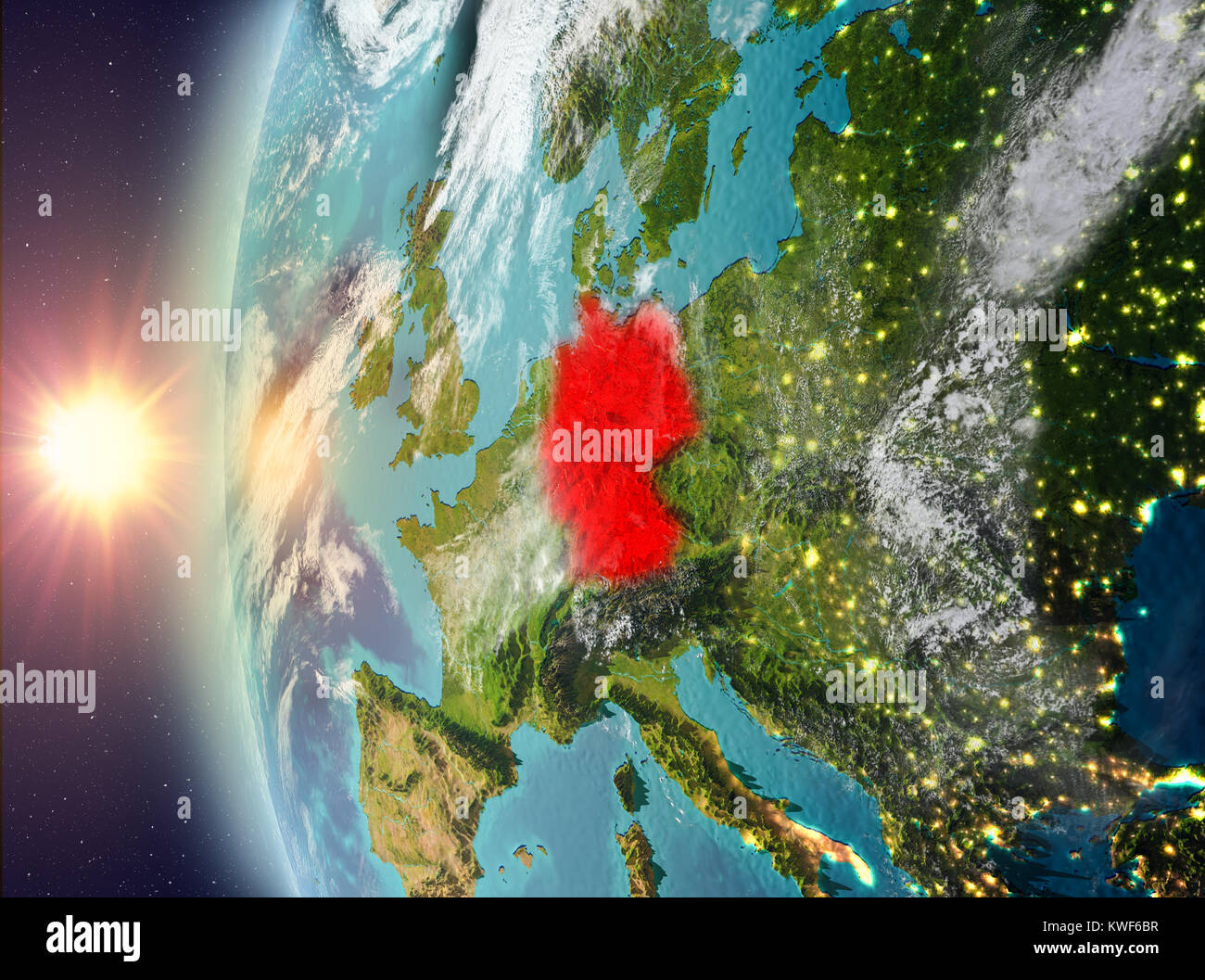 Germany as seen from space on planet Earth during sunset. 3D ...