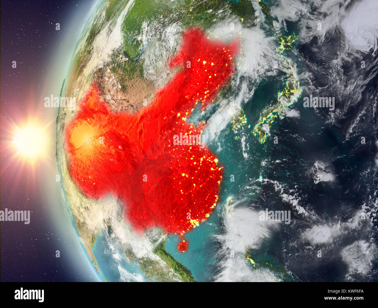 China as seen from space on planet Earth during sunset. 3D illustration ...