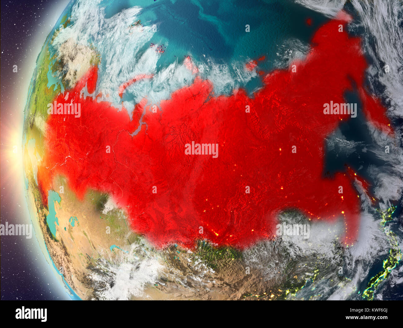 Russia as seen from space on planet Earth during sunset. 3D ...