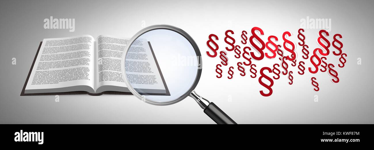 3D Magnifying glass over book with section symbol icons Stock Photo - Alamy