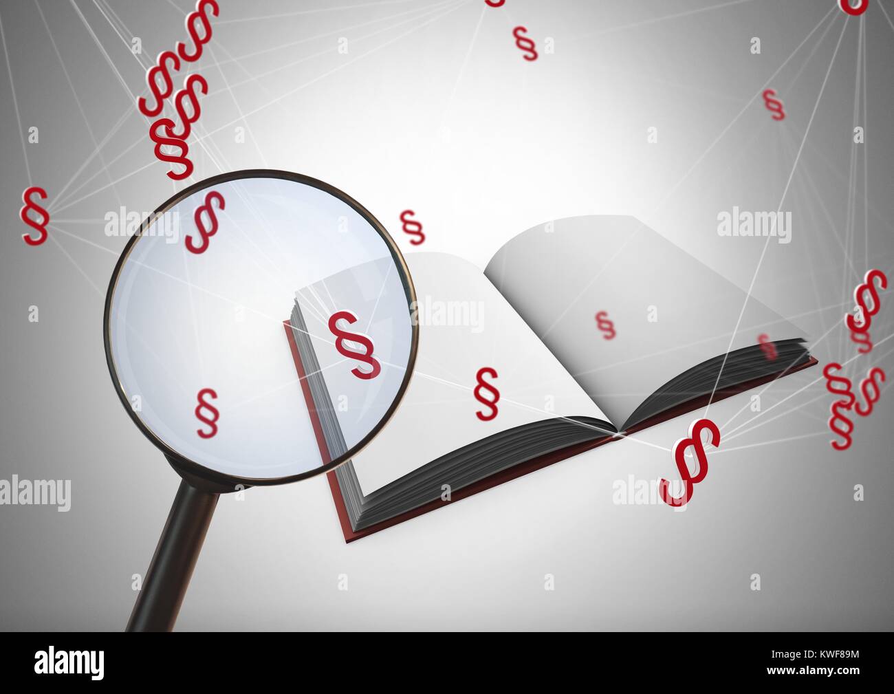 3D Magnifying glass over book with section symbol icons Stock Photo - Alamy
