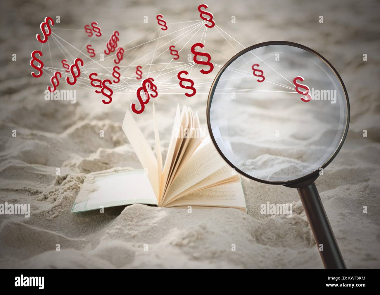 3D Magnifying glass over book with section symbol icons in sand Stock ...