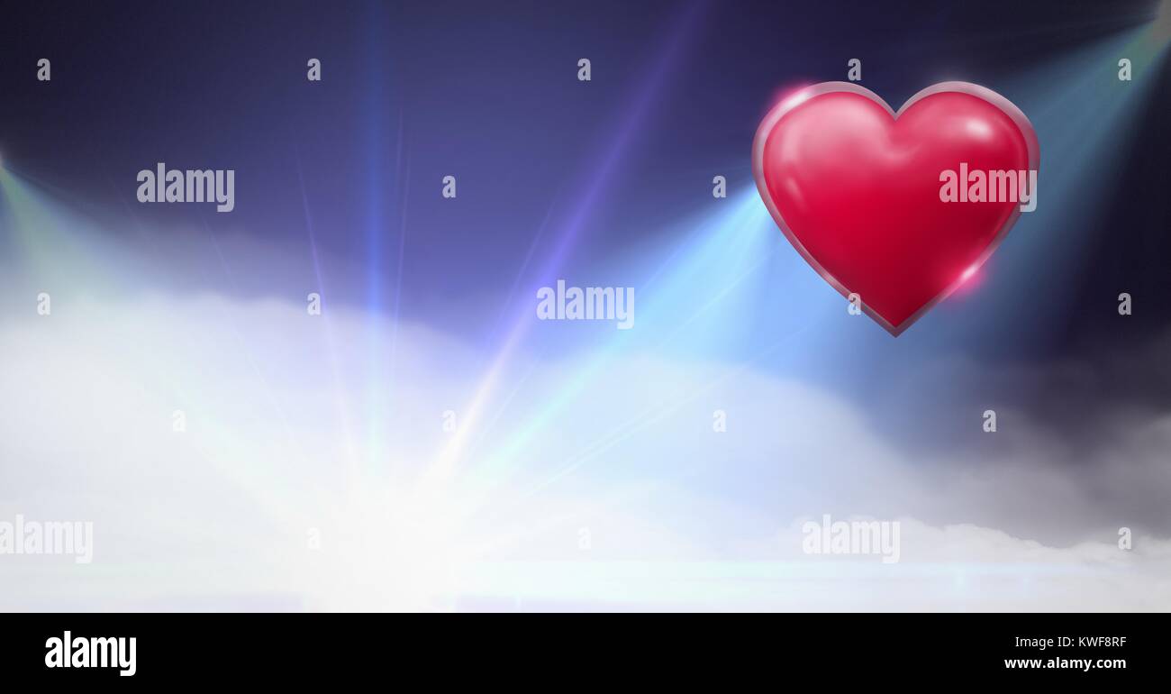 Shiny heart glowing with purple misty lights flares background Stock ...