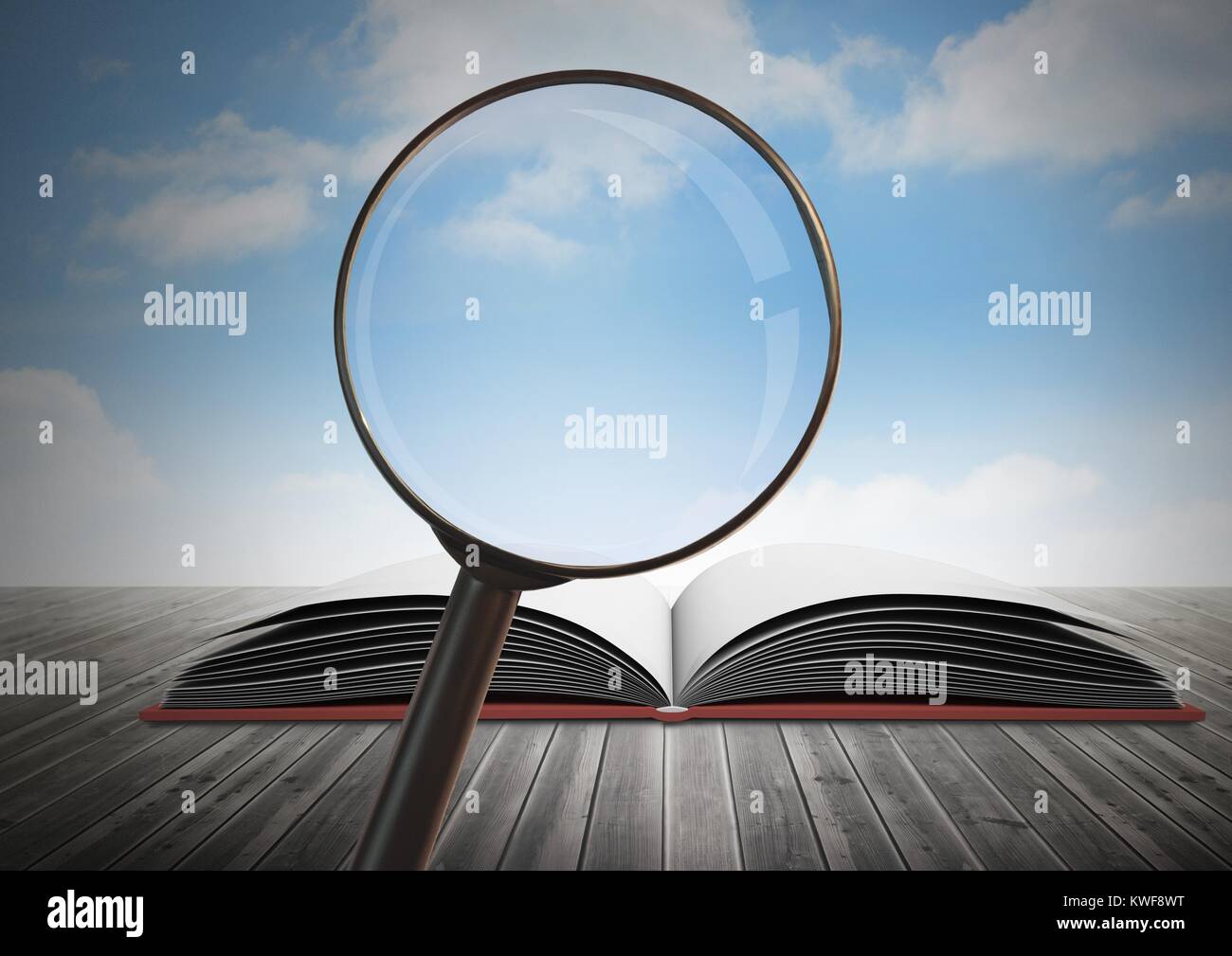 3D Magnifying glass over book with sky Stock Photo - Alamy